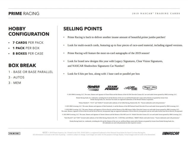 2019 PANINI PRIME RACING HOBBY BOX - Breakaway Sports Cards