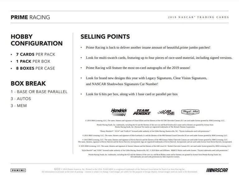 2019 PANINI PRIME RACING HOBBY BOX - Breakaway Sports Cards